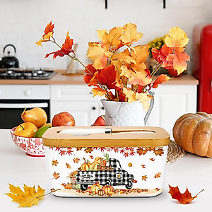 Thanksgiving Decorations Indoor Butter Dish with Lid&Knife, Thanksgiving Gifts for Women Farmhouse Fall Truck Large Ceramic Butter Dishes for Counter, Butter Keeper with Thick Acacia Wood Lid