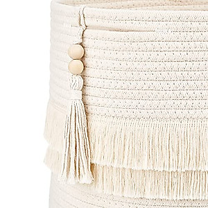 Dahey Macrame Decorative Cotton Rope Storage Basket Boho Nursery Decor Small Cute Woven Tassel Storage Bins Organizer with Wooden Bead for Baby Toys,blanket, Magazines, Living Room,Bedroom, 11"x11"