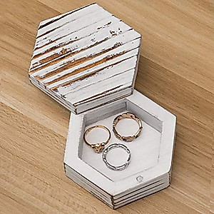 MyGift 3 Inch White Washed Solid Wood Wedding Ring Box, Hexagon Shape Trinket Box and Ring Holder, Small Jewelry Gift Box