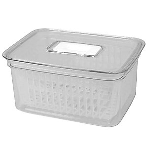 Home Basics Clear Fruit and Vegetable Fridge Storage Container Small Produce Saver with Lid and Removable Colander | Adjustable Air Vent on Lid