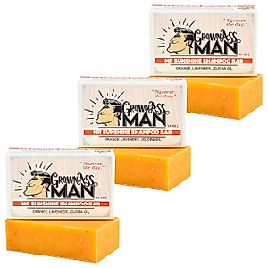 Grown Ass Man Co. - Solid Shampoo Bar Rich Lather 3 in 1: Hair, Beard & Body Wash - Plastic Free & Eco-Friendly, Natural & Organic Clean for All Hair Types, 4oz Bar (Mister Sunshine, 3-Pack)