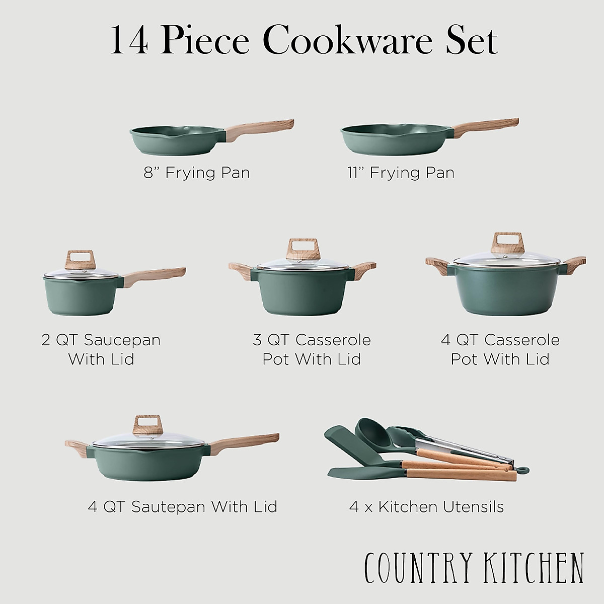 Country Kitchen Pots and Pans Set Nonstick, Cast Aluminum Kitchen Cookware Set with Utensils, 14 Pcs Non Stick Cooking Set w/Frying Pans & Saucepans, Sage