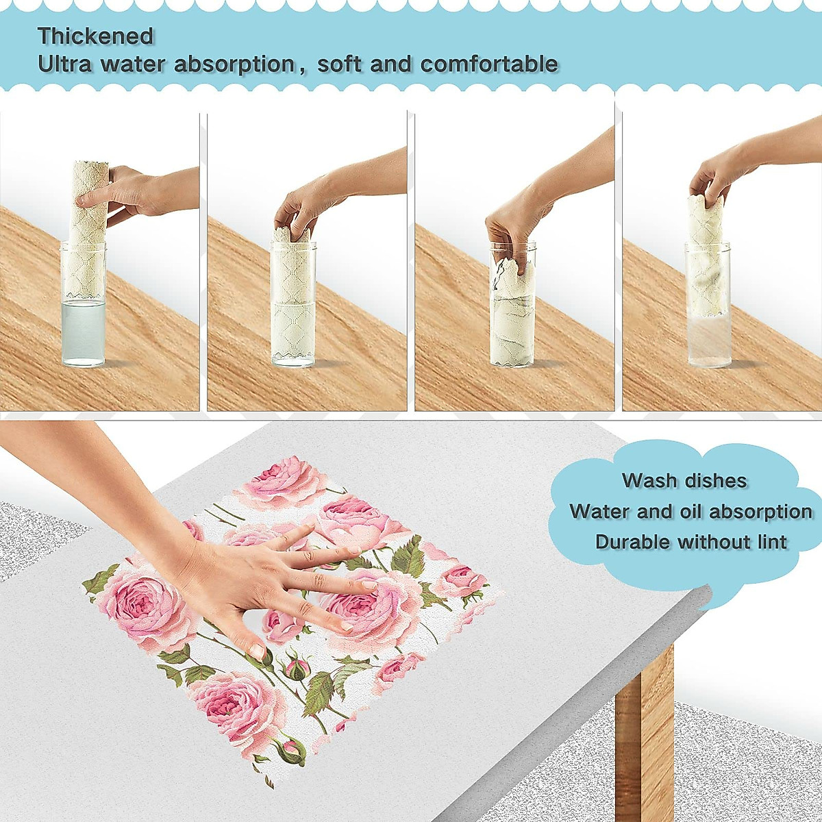 SUABO Pink Rose Flower Floral Kitchen Dishcloths, 6 Pack Dish Towels Quick Drying Tea Towels Absorbent Cleaning Towels Tableware Towel for Kitchen Bathroom