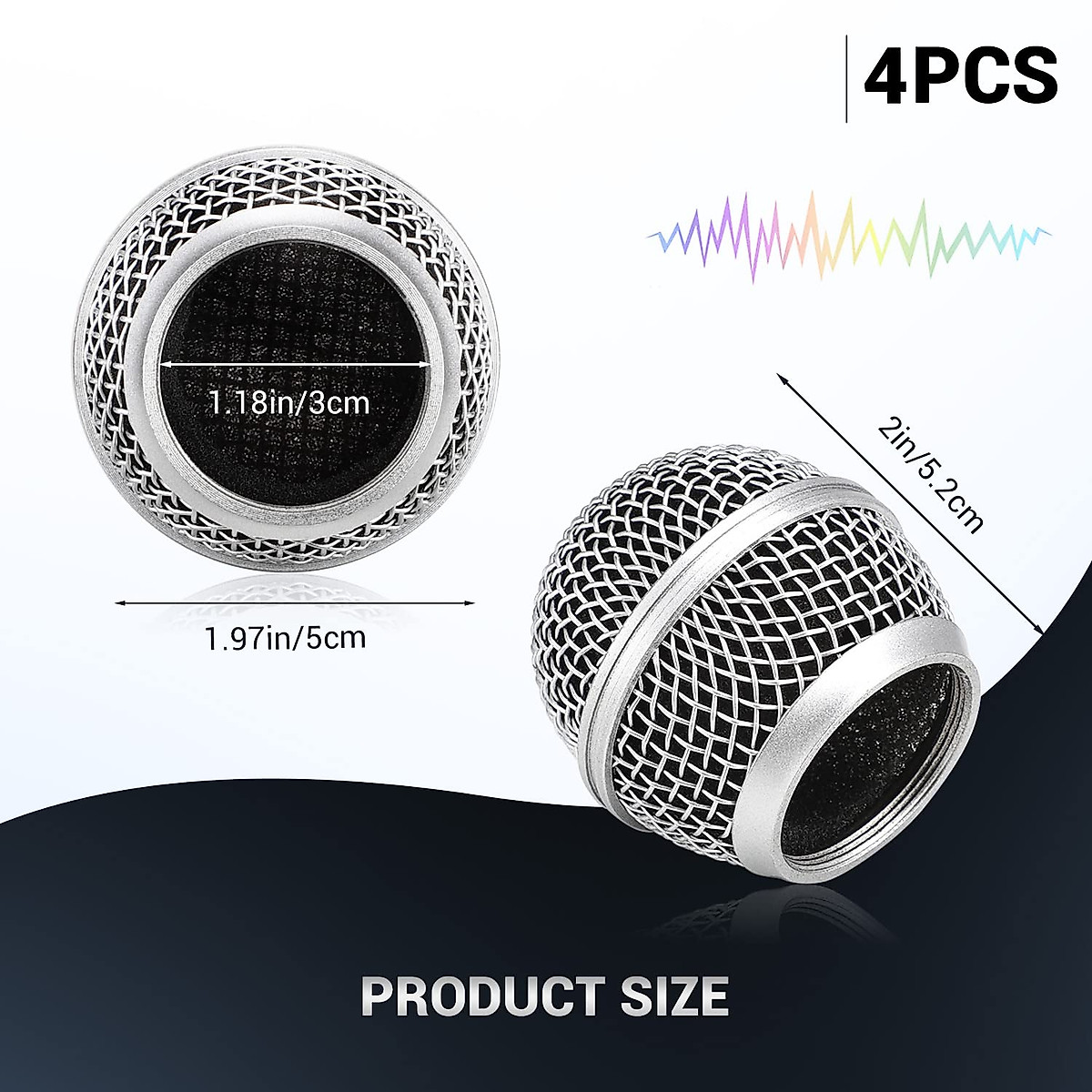 Facmogu 4PCS Microphone Head Replace, Grille Mic Replacement Ball Head, Microphone Grille Ball with Inner Foam, Steel Mesh Microphone Grille Heads, Grille Ball Type Fits for SM58 SM58S BETA58 - Silver