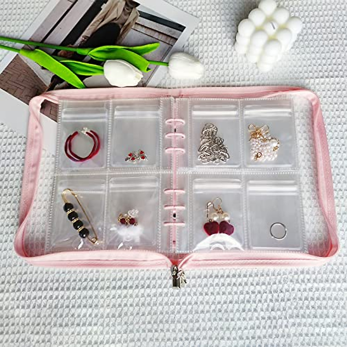 Nelonis Transparent Jewelry Storage Book Jewelry Plastic Zipper Bag Travel Storage Bag Portable Pocket Folding Travel Album Zipper Bag,Suitable for Earrings,Bracelets,Rings,Brooches (Pink)