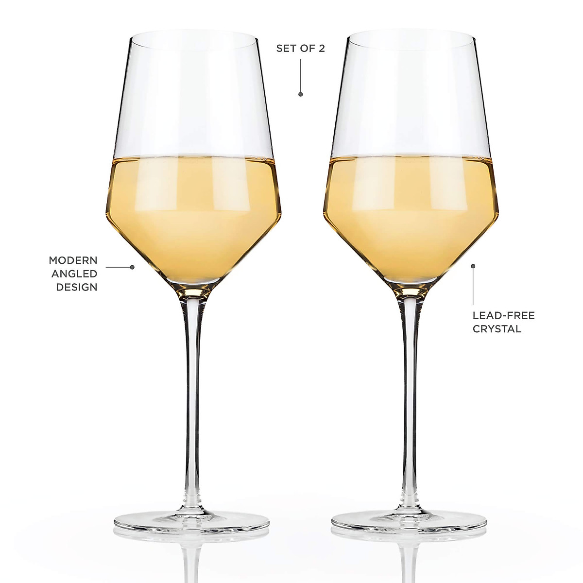 Viski Raye Angled Crystal Chardonnay Wine Glasses Set of 2, No-Lead Premium Crystal Clear Glass, Modern Stemmed, Flat Bottom White Wine Gift Set, 13oz
