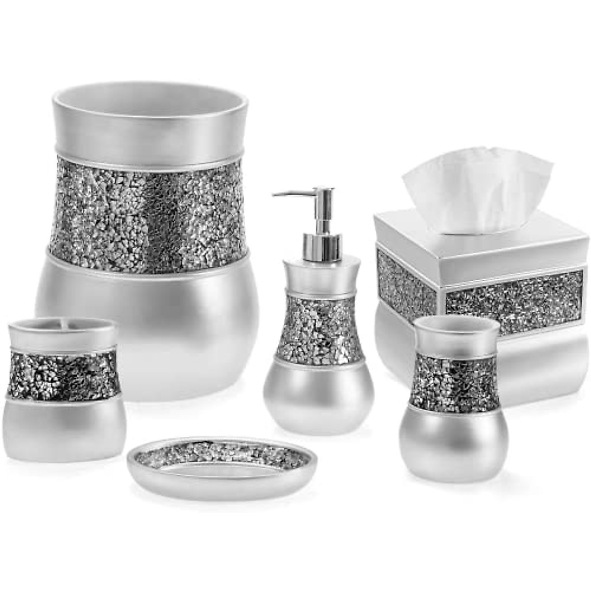 Creative Scents Bathroom Trash Can – Decorative Waste Basket for Bathroom, Powder Room Or Living Room - Durable Small Bathroom Wastebasket Designed with Beautiful Crackled Glass - Silver Gray Color