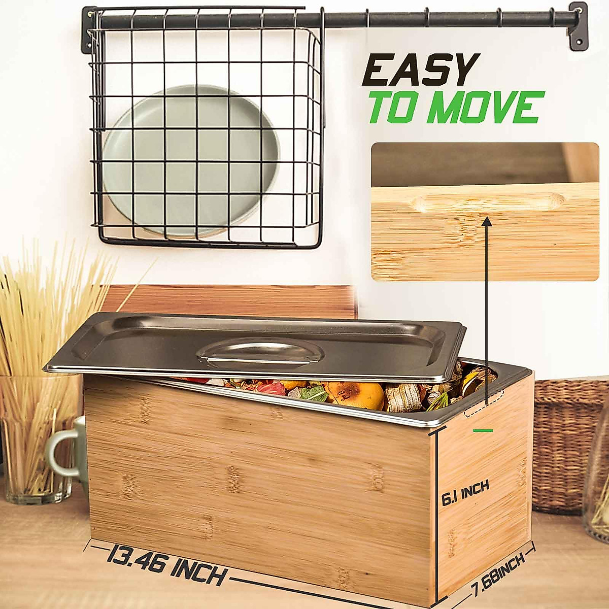 Exfoil Kitchen Compost Bin with lid, As Indoor Compost Bin with Stainless Steel Insert, Countertop Compost Bin- 1.6 Gal Smell Proof,Indoor Large Compost Bin Kitchen