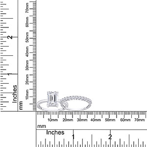Wishrocks 925 Sterling Silver 18K White Gold Plated 8X6MM Emerald Cut Lab Created Moissanite Diamond Solitaire Engagement Ring With Band Gift For Womens Ring Size -6