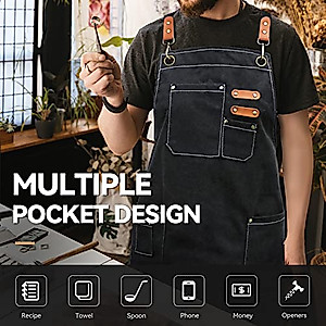 NLUS Chef Apron for Men Women, Water-Resistant Heavy Duty Cotton Canvas Apron Cross Back Apron with Adjustable Straps and Large Pockets, Size M to XXL (BLACK)