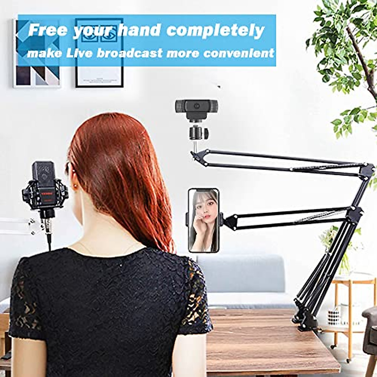 Overhead Video Mount Articulating Arm,Cell Phone Holder, Webcam Stand Lazy Desk Arm Clamp Desktop Suspension Scissor Accessory for Flat Photography Videography Recording Livestream（Black）