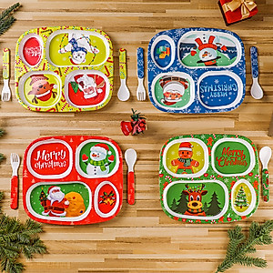 Hoolerry 4 Set Dinner Plate for Kids Boys Girls Dinnerware Divided Plates with Fork and Spoon Elk Shark Dinosaur Vehicle Excavator Unicorn Kids Dishes for Top Rack Dishwasher Safe(Cute)