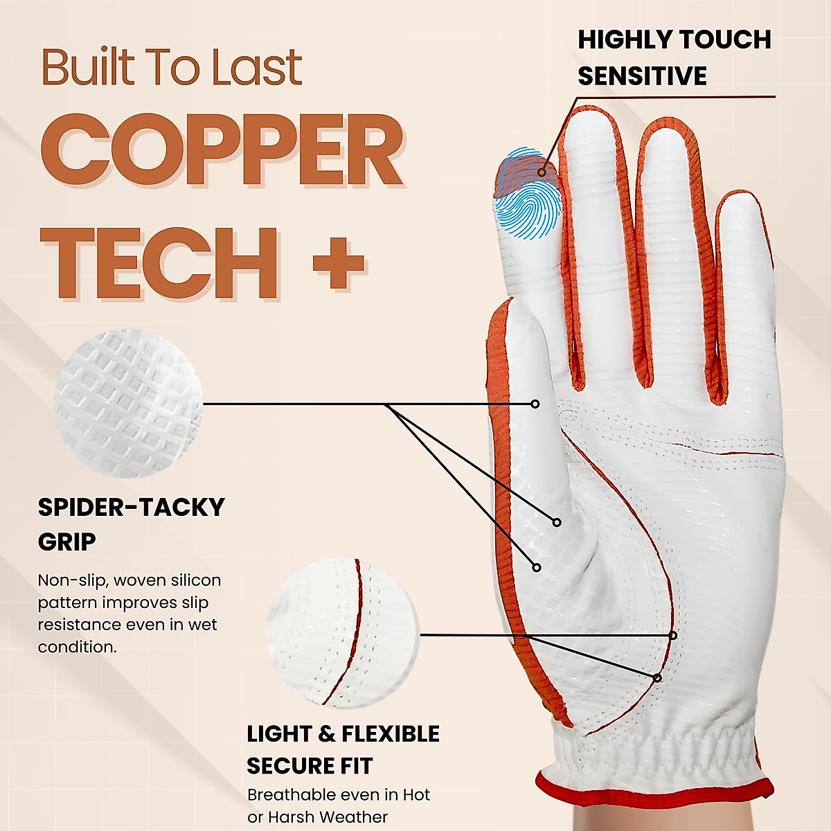 Copper Tech Plus Women's Golf Gloves with Ball Marker - Ladies Golf Gloves with 100% AAA Synthetic Leather - Wrist Support & Breathability - Golf Gloves Left Handed Golfer (Hand Orientation: Right)