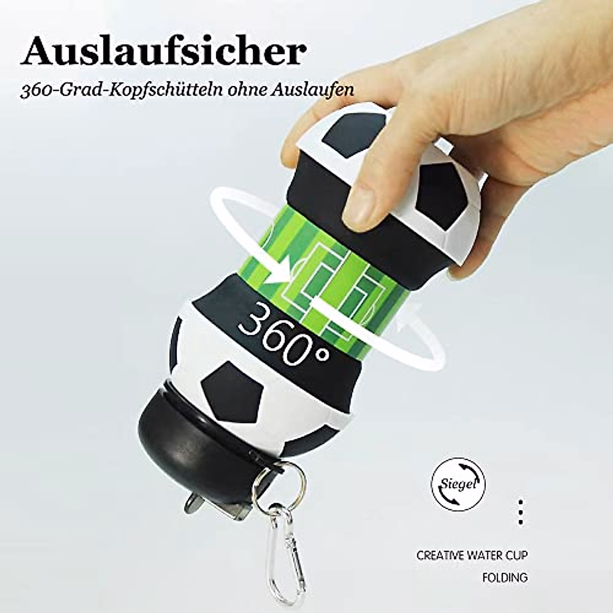 Louis Donné 12.4 x 10.3 x 9.7 cm folding silicon Soccer Water Bottle 100 percent food grade Collapsible Soccer Toddler Water Bottle with Carabiner for School outdoor Birthday Gifts for Boys and Girls