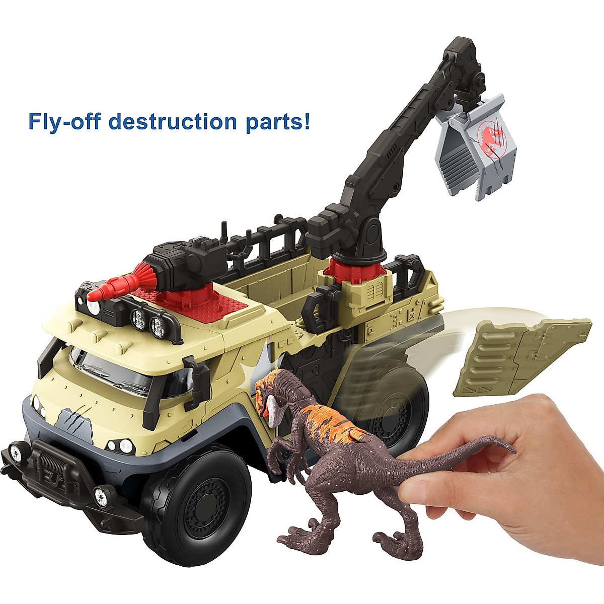 Mattel Jurassic World Dominion Capture & Crush Truck & Dino Playset with Velociraptor Action Figure, Vehicle Features Tranq Shooter, Crane & 2 Breakaways