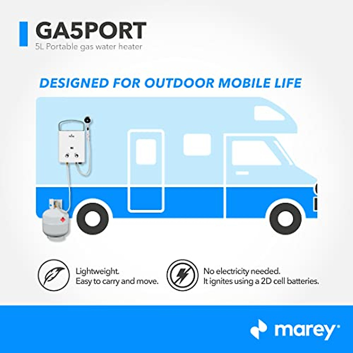 Marey GA5PORT Portable Propane Gas Tankless Water Heater, Small, White
