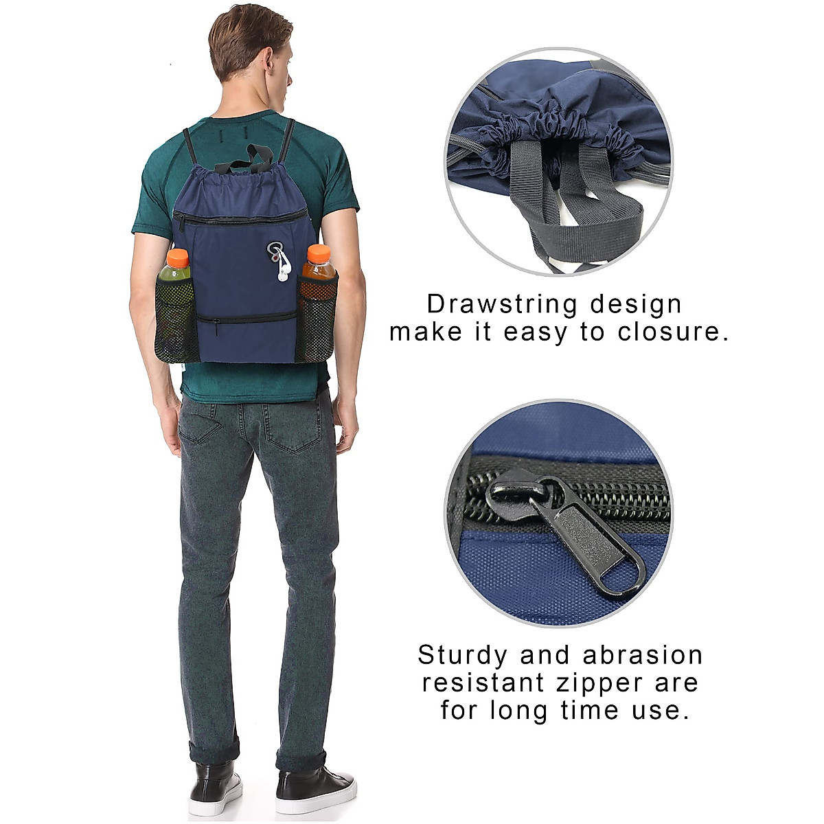 BeeGreen Navy Blue Drawstring Backpack Bag Cinch Sack Backpack with Zipper Pockets and Mesh Water Bottle Holders Beach Backpack Large 18" L x 15" W Gym Sprots Swim Bag