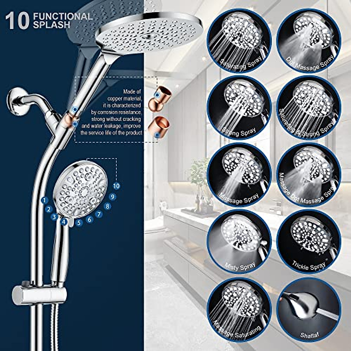 High Pressure Handheld/Rain 3-way Shower Head Combo with 26" Adjustable Drill-free Stainless Steel Slide Bar, 10-Mode Handheld Shower Head & 7.48" Rain Shower Head with 5ft Hose - Polished Chrome