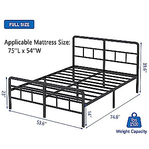 HOBINCHE Full Size Metal Bed Frame with Headboard and Footboard, 14 Inch Black Heavy Duty Mattress Foundation with Steel Slat Support, No Box Spring Needed,Noise Free