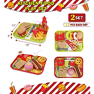 Mozlly Kitchen Food Playset - Cute Fast Food Playset with Trays, Plates, Fork, Soda Cup - Deluxe Fast Food Toy Set for Kids for Pretend Play Snack Parties, and Birthday Surprise Gift Play Food Set