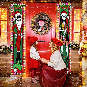Jack Skellington Sally Christmas Porch Signs with 2 Light Strings Welcome Door Sign for Home Outdoor Indoor Holiday Party Decor