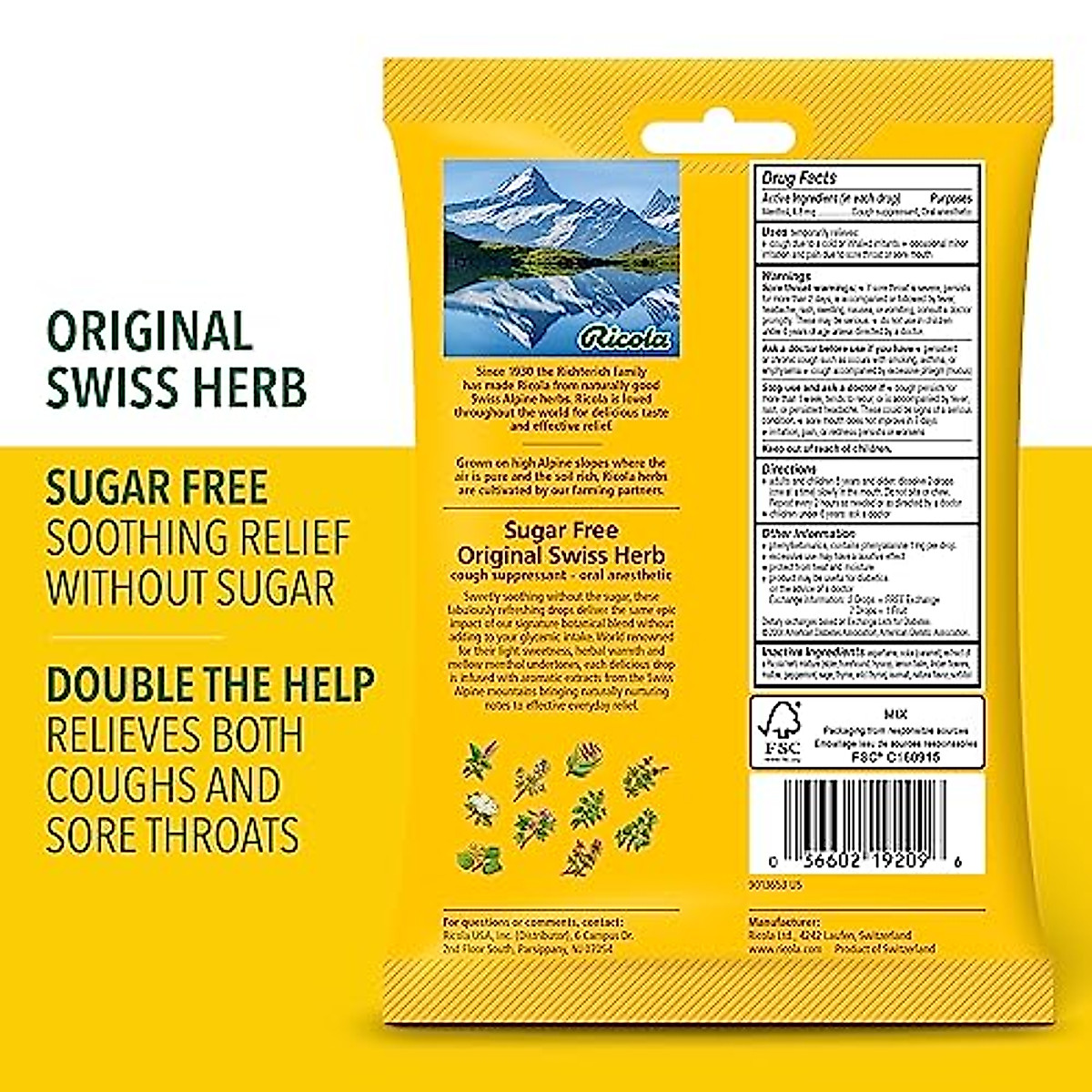 Ricola Sugar Free Original Natural Herb Cough Drops, 19 Count, Cough Suppressant & Throat Relieving Drops with Naturally Sourced Menthol, Pleasing Taste for Coughs & Throat Irritation Symptom Relief