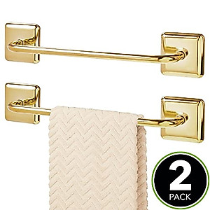 mDesign Stainless Adhesive Towel Holder - Space Saving Rack/Bar for Bathroom Wall, Door, or Cabinet - Holds Washcloths, Hand and Face Towels - Unity Collection - 2 Pack - Soft Brass