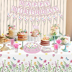 225 Pack Spring Wildflower Party Decorations Floral Tableware Plates Balloons Decorations Wildflower Dinnerware Party Favor for Birthday Baby Shower Bridal Shower Garden Tea Party Serves 20