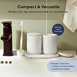 Maisonovo Stone Bathroom Toothbrush Holder Set – Qtip Holder, Cotton Ball & Cotton Rounds Holder, Countertop Toothbrush & Toothpaste Cup W/Stand & Tray, Qtip Container, Cotton Swab Organizer - White