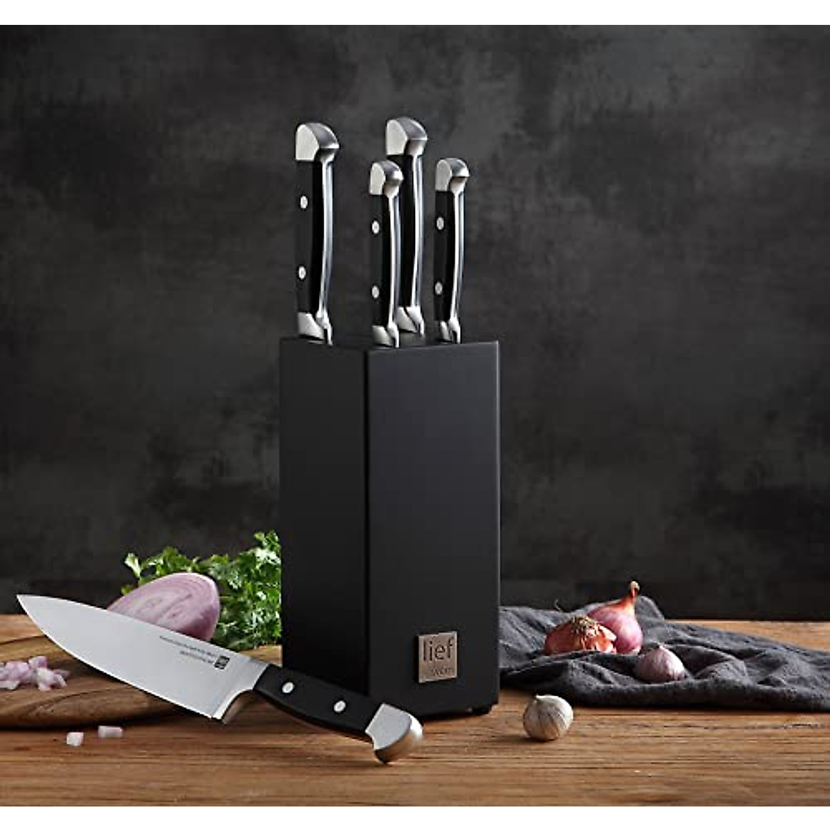 LIEF+SVEIN Brand German Steel Knife Block Set, 5-Piece Kitchen Knife Set with block. German Stainless 1.4116 Steel. Unique Kitchen Knives. Ideal Modern Décor Black knife sets with block.