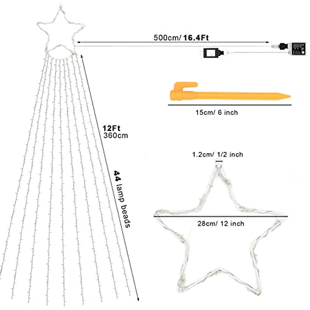 416 LEDs 8 Modes Outdoor Christmas Decorations Star Lights String, Star Lights Outdoor with 12" Lighted Topper Star with Remote Control Outdoor Party Seasonal Garden Patio Xmas Decor Warm