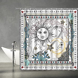 YSATNSFT Sun and Moon Shower Curtain Burning Stars Universe Starry Sky Mandala Celestial Abstract White and Black Decor Medallion Mystic Boho Chic Art Fabric Bathroom Decor Set with Hooks(70" WX70 H)