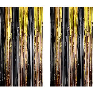AILEXIBG 3.2 ft x 8.2 ft Metallic Tinsel Foil Fringe Curtains for Party Photo Backdrop Wedding Decor (2 Pack, Black Gold)