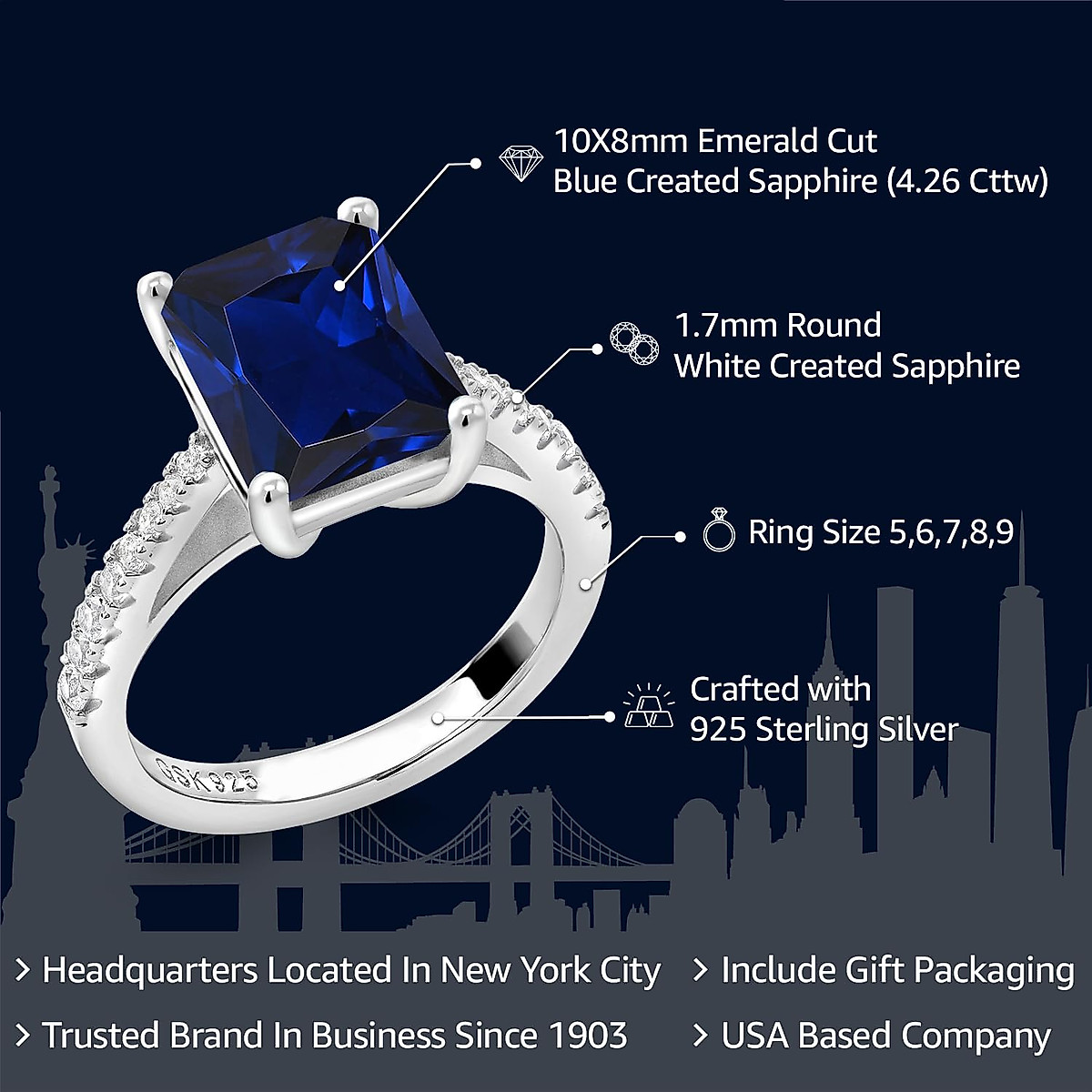 Gem Stone King 925 Sterling Silver Blue and White Created Sapphire Engagement Ring For Women (4.26 Cttw, Available in size 5, 6, 7, 8, 9)