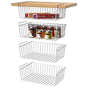 Bellsal Under Shelf Basket, 4 Pack Metal Hanging Wire Shelf Under Shelf Storage, Slides Under Cabinet Shelf, Space Saving for Kitchen Pantry Office Bathroom Bookshelf Under Shelf Organizer, White