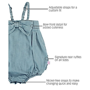 RuffleButts® Baby/Toddler Girls Light Wash Denim Bow-Front Bubble Romper - 3-6m