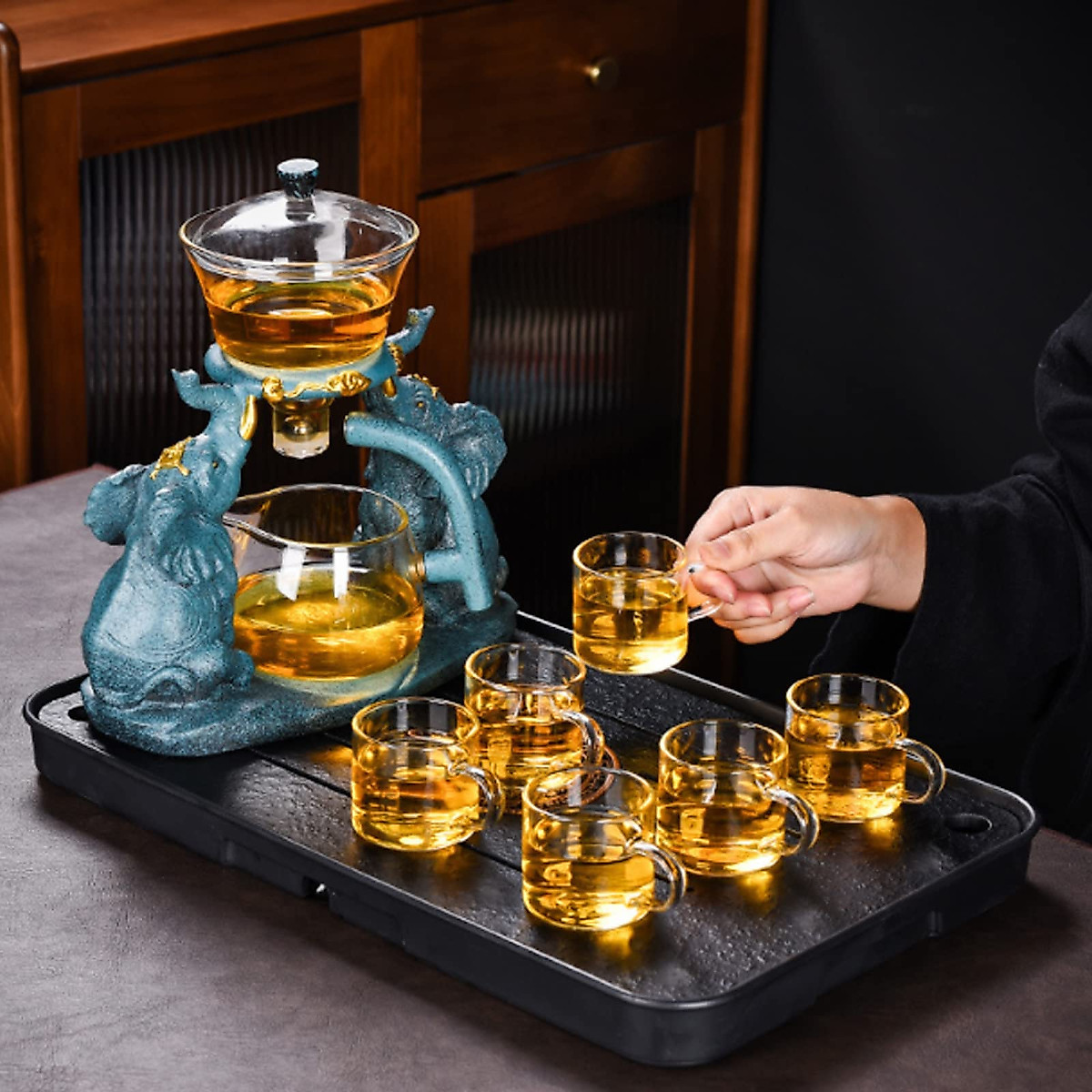 GODNOEI Elephant Glass Tea Set Lazy Kungfu Magnetic Water Diversion Creative Glass Teapot Semi Automatic Tea Maker Suit Kitchen Bar Supplies (6 tea cups)