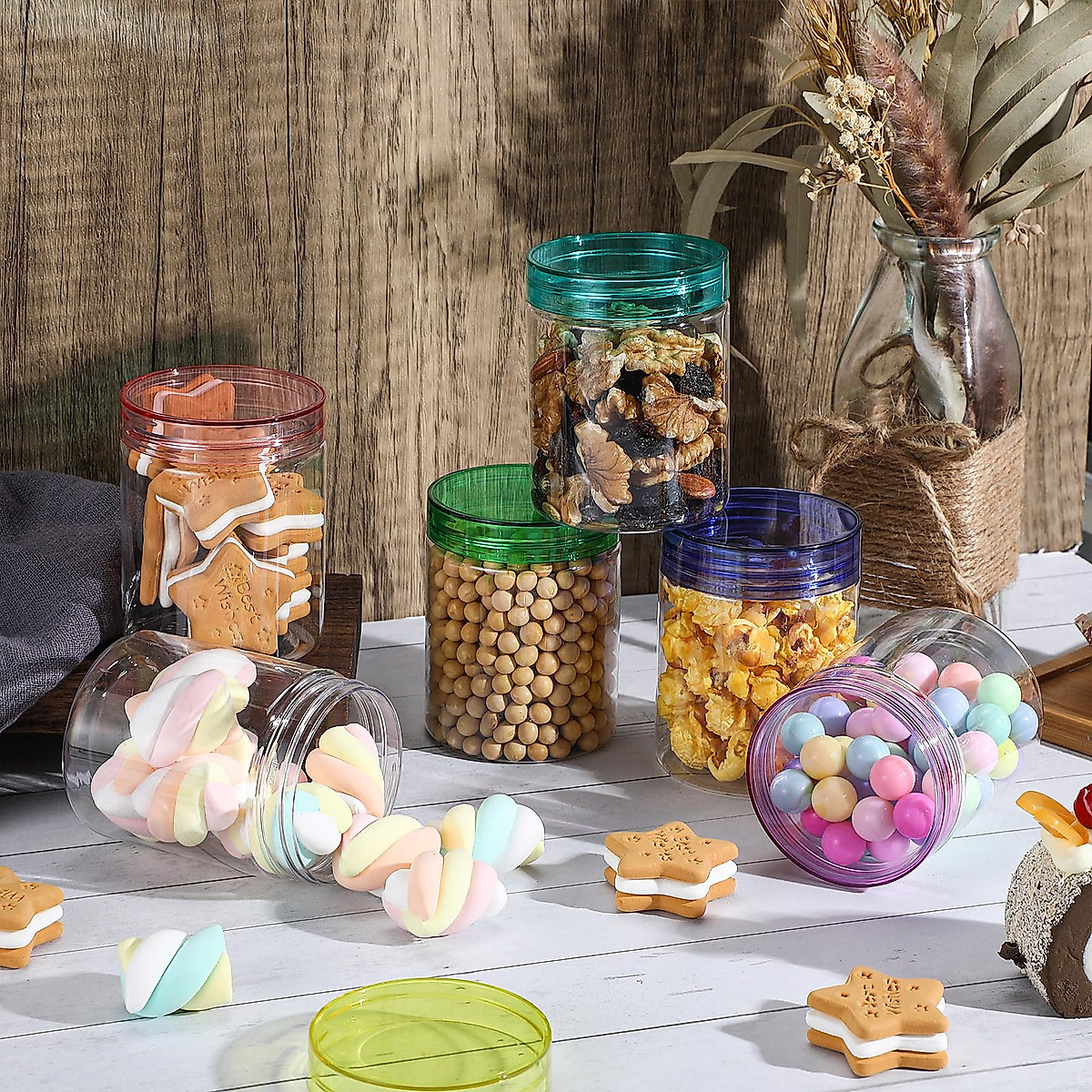 Sliner 60 Pcs 8 oz Plastic Jars with Lids Clear Round Leakproof Storage Containers Empty Refillable Plastic Mason Jars for Travel Storage Face Creams Kitchen Household Food Spice (Colorful)