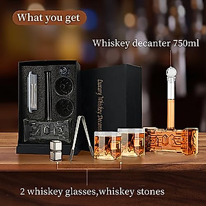 Swirbe Wine&Whiskey Decanter Set,750ml Hammer Decanter,2 Whiskey Glasses and 4 Ice stones,Wonderful Father Day Gift for Dad, Husband