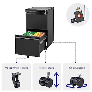 LVSTEEL 2 Drawer Mobile File Cabinet with Lock, Under Desk Metal Filing Cabinet for Home Office fits Legal/Letter/A4 File, Fully Assembled Except Wheels, Black