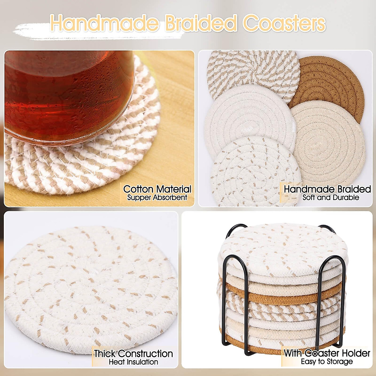 Billbotk 10 Pieces Boho Coasters for Drinks, Absorbent Drink Coasters with Holder, Cute Coaster Set for Boho Home Decor, Apartment Decor Aesthetic, Living Room Essentials, 4.3 Inches