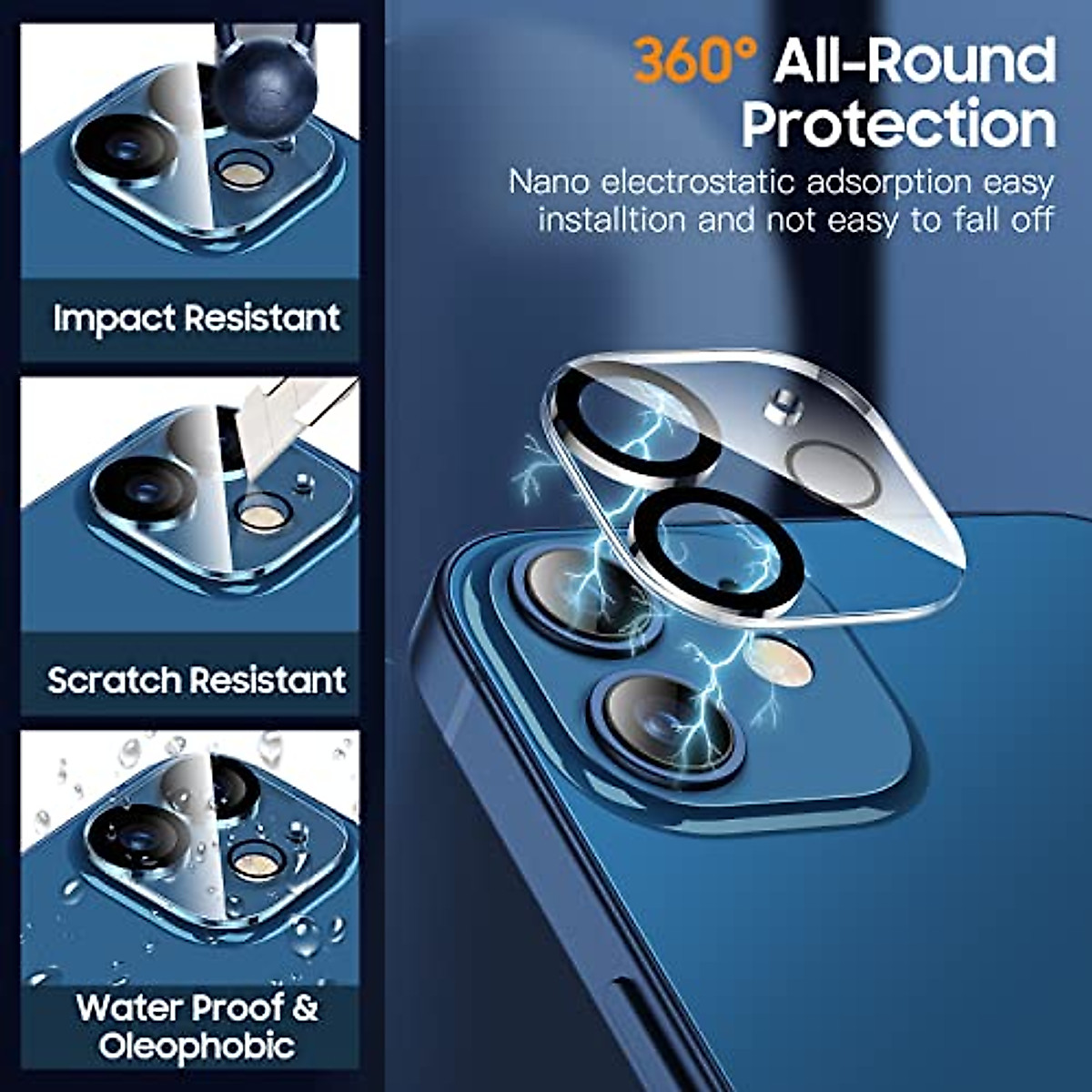 UniqueMe [3+2 Pack] for iPhone 12 Mini Screen Protector, (Military-Grade Shockproof) with 3 Tempered Glass Screen and 2 Camera Lens Protector and Installation Frame Clear Screen Cover