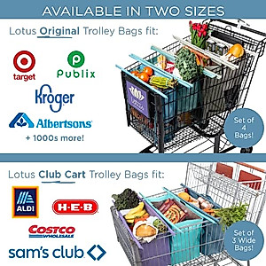 Lotus Trolley Bags -set of 4 -w/LRG COOLER Bag & Egg/Wine holder! Reusable Grocery Cart Bags sized for USA. Washable Eco-friendly 4-Bag Grocery Tote. (Earth Tones)