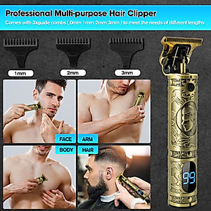 TLZGCNMD Professional Mens Hair Clipper Cordless Electric Beard Trimmer Zero Gapped T-Blade Trimmer Haircut & Grooming Kit for Men Rechargeable LCD Display Gold PRO