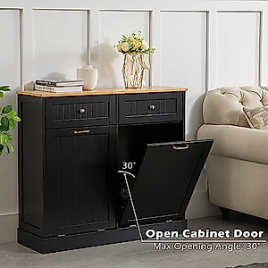 GAZHOME Kitchen Trash Cabinet Double Tilt Out Freestanding with Drawer,Kitchen Wooden Recycling Cabinet,Trash Can Holder with Storage (Black)