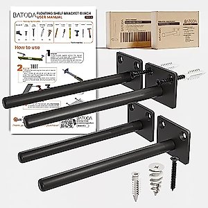 BATODA 6" Floating Shelf Bracket (4 pcs) – Solid Steel Blind Shelf Supports - Hidden Brackets for Floating Wood Shelves - Blind Shelf Support - Shelving Mounting Hardware Included (Pack 4)