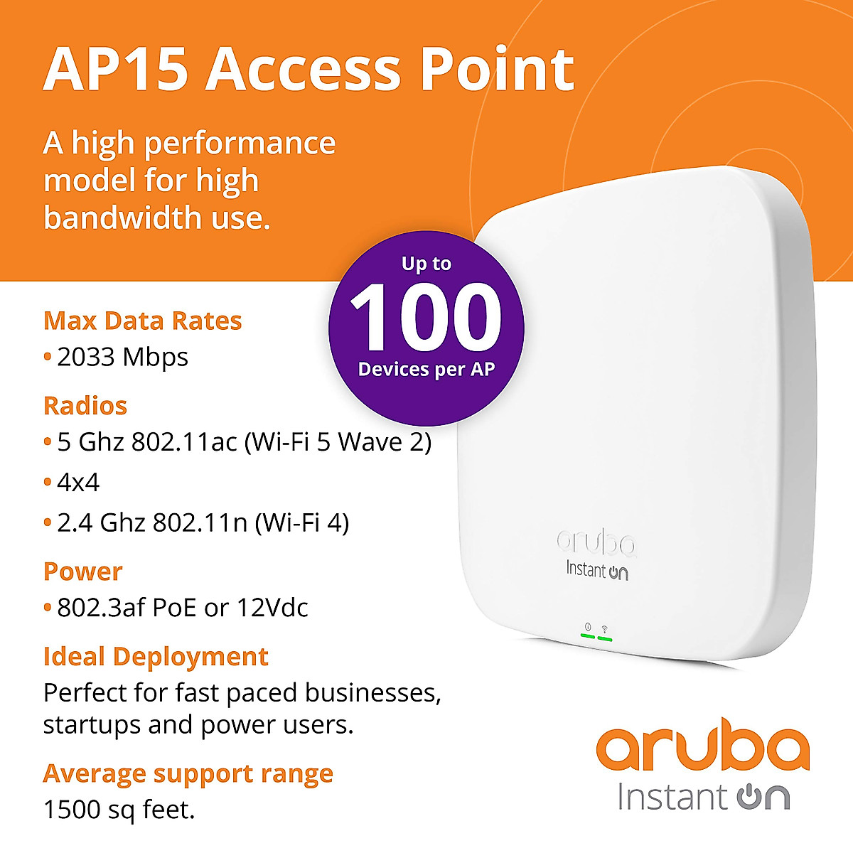 HPE Networking Instant On Access Point AP15 4x4 WiFi 5 Indoor Wireless Access Point | Power Source Not Included | US Model (R2X05A)