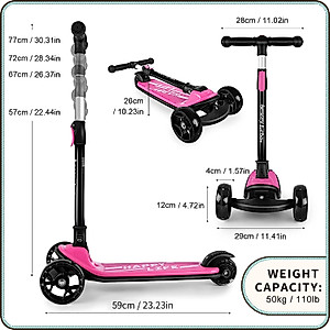 besrey Kick Scooter for Kids Ages 3-10, 3 Wheel Scooter for Kids with Adjustable Height, Folding Kids Scooter with LED Light Wheels Rear Brak Extra Wide Deck Outdoor Activities for Boys/Girls (Pink)
