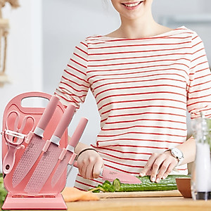 FTNESGYM Kitchen Knife Set, 7-Pieces Pink Non-stick Fish Scales Blade Cooking Knife Set, Sharp Stainless Steel Chef Knives with Cutting Board for Women Girls (Pink)