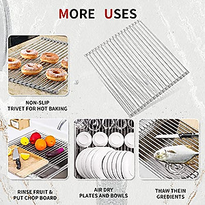 YQMYXG Over The Sink Dish Drying Rack, Roll Up Dish Drying Rack Kitchen Dish Rack Stainless Steel Sink Drying Rack, Foldable Wire Dish Drying Rack for Kitchen Sink Counter (17.7 * 15.7in, Gray)